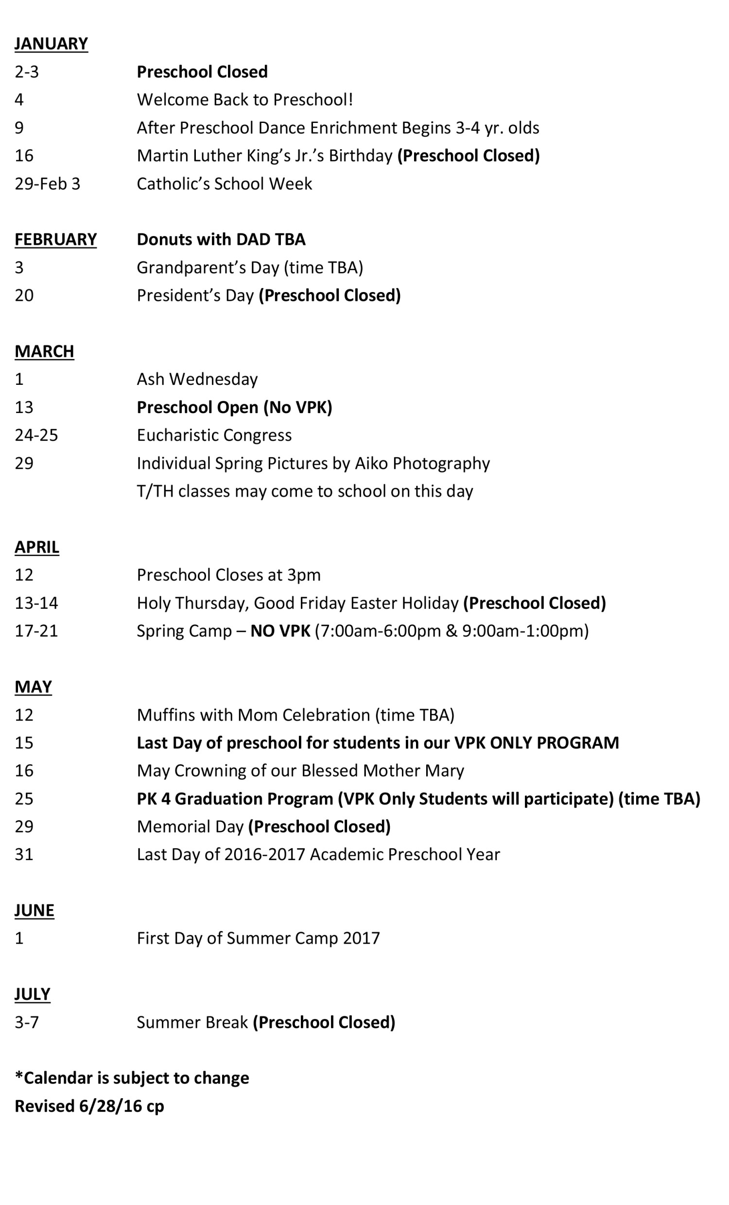ECLC School Calendar 2016-2017 – Assumption Early Childhood Learning Center