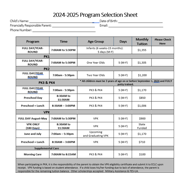Programs & Rates – Assumption Early Childhood Learning Center